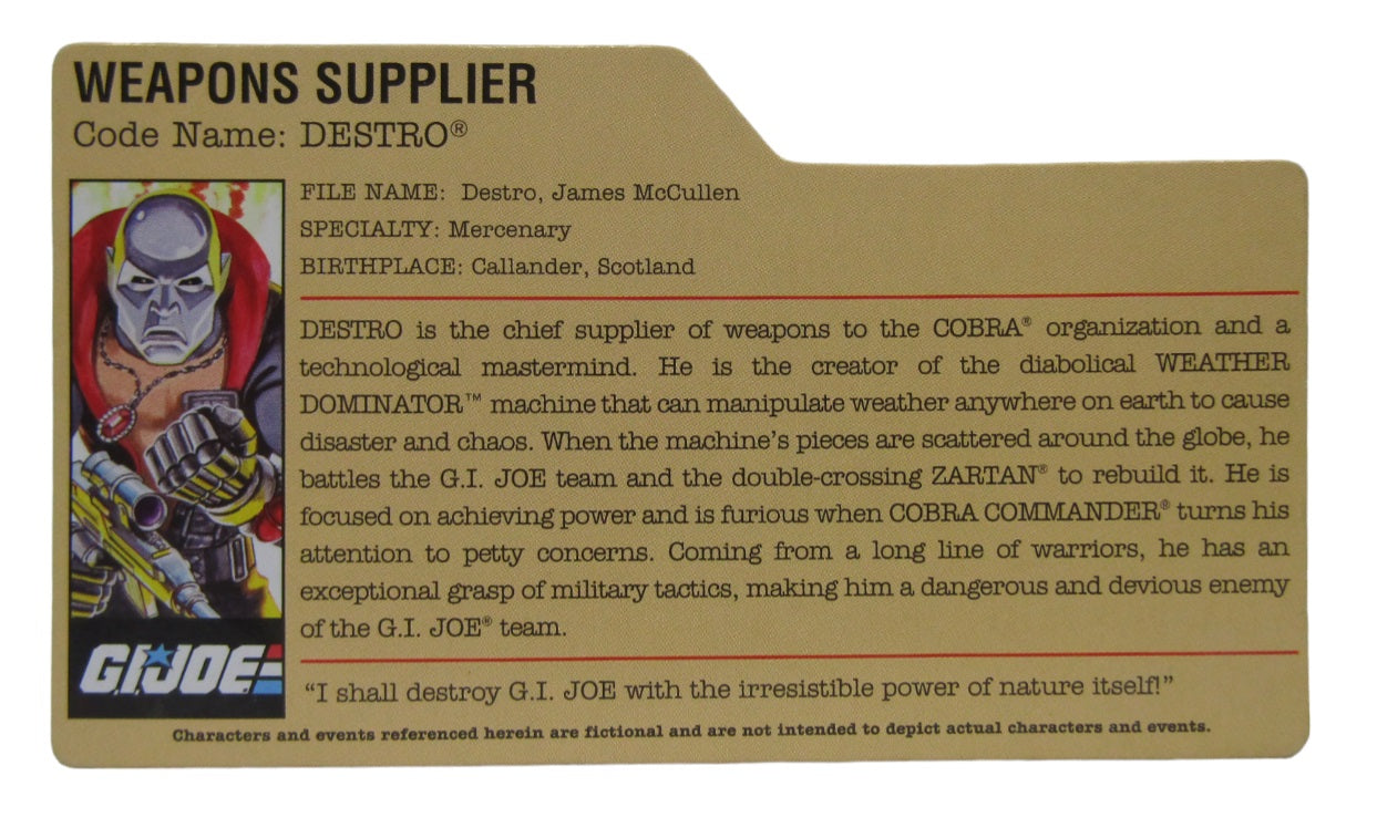 GI JOE 1983 Destro File Card ONLY, No Figure