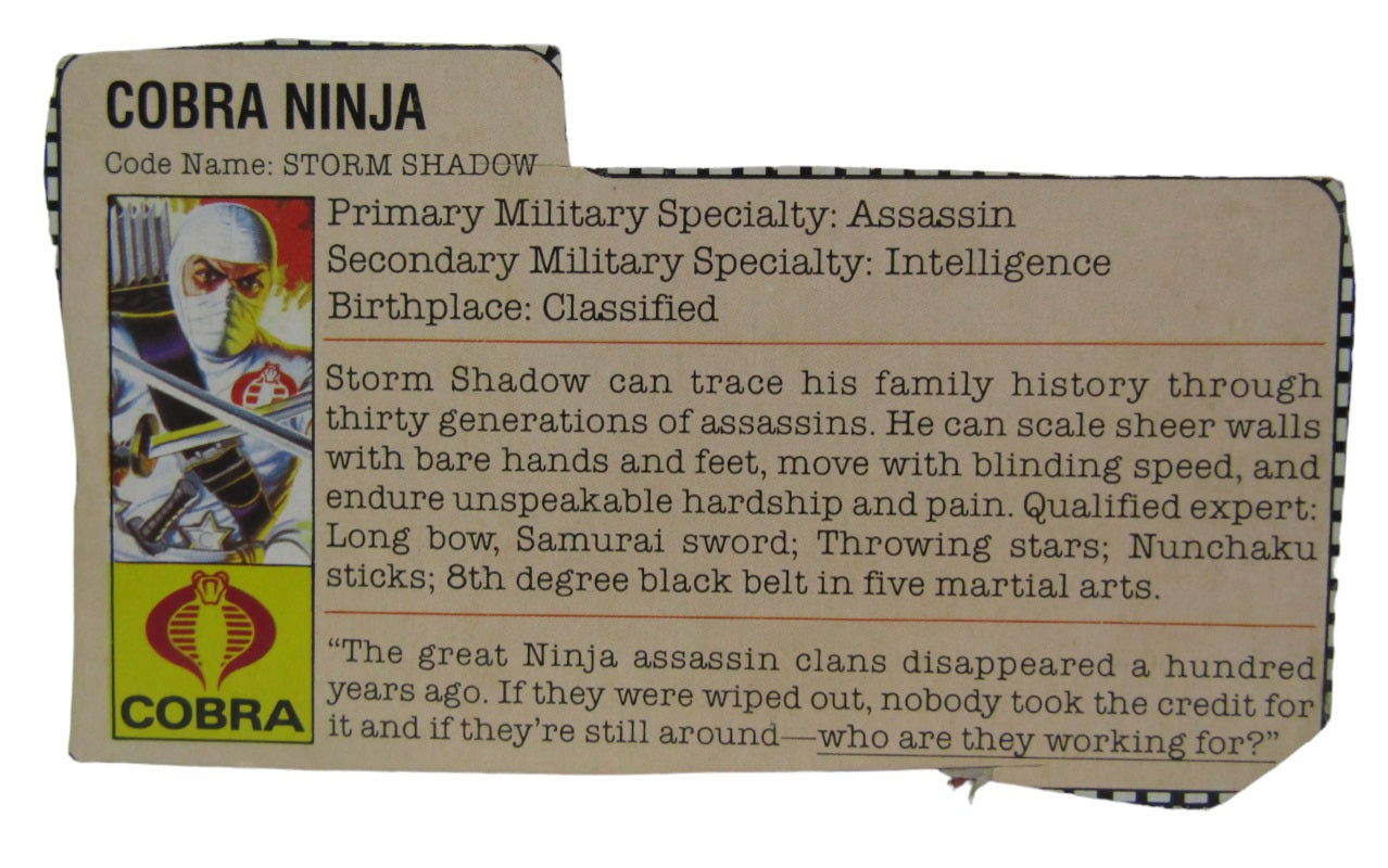 GI JOE 1984 Storm Shadow File Card ONLY, No Figure